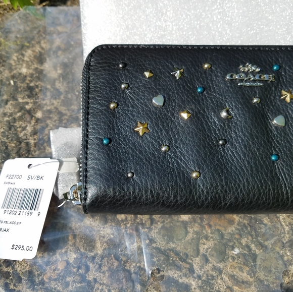 Coach | Bags | Coach Star Studded Black Pebble Leather Wallet Nwt ...